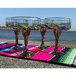 Mexican Hand Blown Glass – Set of 4 Hand Blown Margarita Glasses Confetti Carmen (16 oz)
