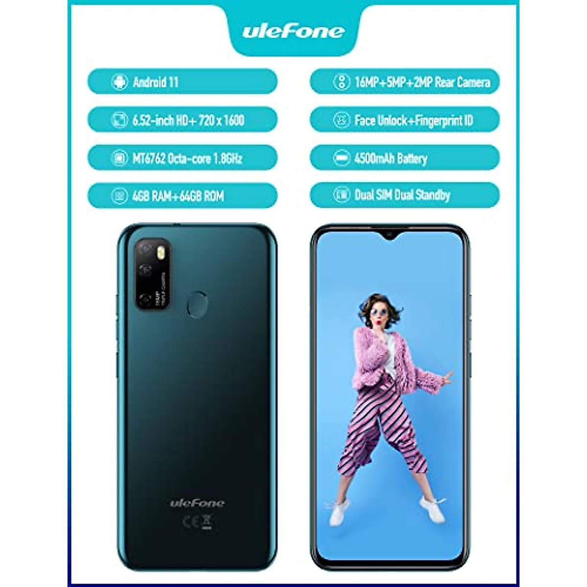 Ulefone Unlocked Cell Phones, Note 9P Octa-Core Unlocked Smartphone, 6.52" Waterdrop Full-Screen, Triple Rear Camera, Dual SIM 4G Phones, 4500mAh, 4GB+64GB, Face ID, Android 11 Mobile Phone - Green