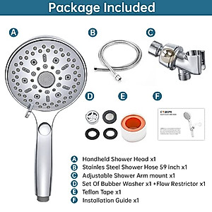 CTBOM 4.8" High Pressure Shower Head, 12 Spray Mode Handheld High Flow Rain Shower Head Anti-clog Nozzles with 60" Stainless Steel Hose and Adjustable Bracket, Detachable and Hydro jet 2.5GPM Chrome