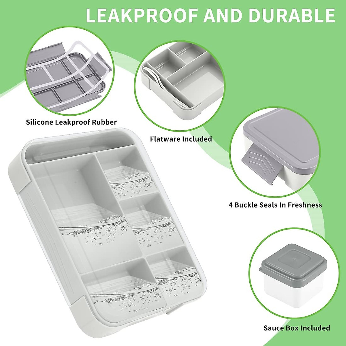 LOVINA Bento Box for Adult Kids, Stylish Teens Adult Lunchable Snack Containers With 5 Compartments, Durable, Microwave/Dishwasher Safe, BPA-Free, Perfect for On-the-Go Meal(Solid Grey)