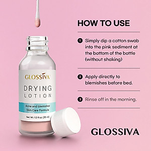 Glossiva Drying Lotion – Acne Spot Treatment, Blemish & Pimple Drying Solution with Overnight Results – 1.23 Fl Oz