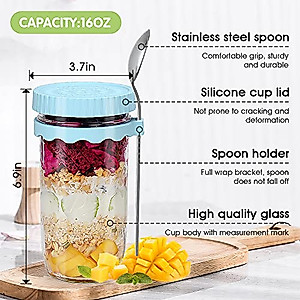 Overnight Oats Jars, Overnight Oats Containers with Silicone Lid and Spoon 16 oz,for Oats Yogurt,Milk,Fruit,breakfast,Leak-Proof Reusable Portable with Measurement Marks Food Storage Container (White+Blue+Green)