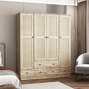 Hitow Wardrobe Armoire with 4 Ratten Doors, Wardrobe Cabinet for Hanging Clothes with 5 Drawers, Bedroom Armoire Dresser Wardrobe Clothes Organizer, Rustic Wood Type D (59" W x 18.8" D x 70.8" H)