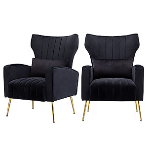 chairus Wingback Velvet Accent Chairs Set of 2, Modern Living Room Armchairs Comfy Upholstered Single Sofa Chair for Bedroom Dorms Reading Reception Room with Gold Legs & Small Pillow, Black