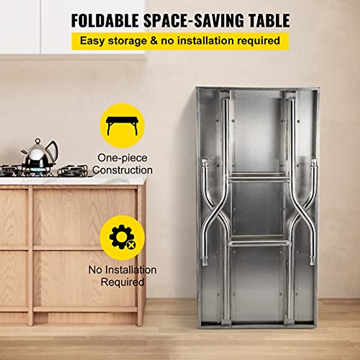 VEVOR 48 x 30 Inch Folding Commercial Prep Table Commercial Worktable Workstation, Heavy-Duty Stainless Steel Folding Table with 220 lbs Load, Silver Stainless Steel Kitchen Island，Kitchen Work Table