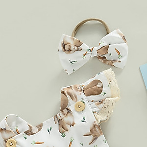 Newborn Infant Baby Girl Easter Outfit Bunny Romper Lace Sleeveless Bodysuit Jumpsuit Headband Summer Clothes White 18-24 Months