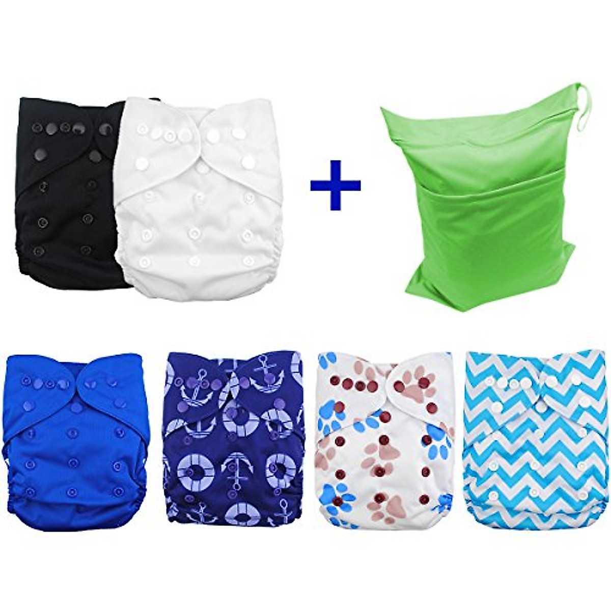 Babygoal Cloth Diaper Covers for Fitted Diapers and Prefolds with Double Gusset,Adjustable Reusable for Baby Boys, 6pcs Covers+One Wet Bag 6DCF02