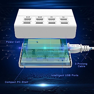 USB Charger, HITRENDS 8 Ports Charging Station 60W/12A Multi Port USB Charging Hub for Multiple Devices (5ft Cord, White)