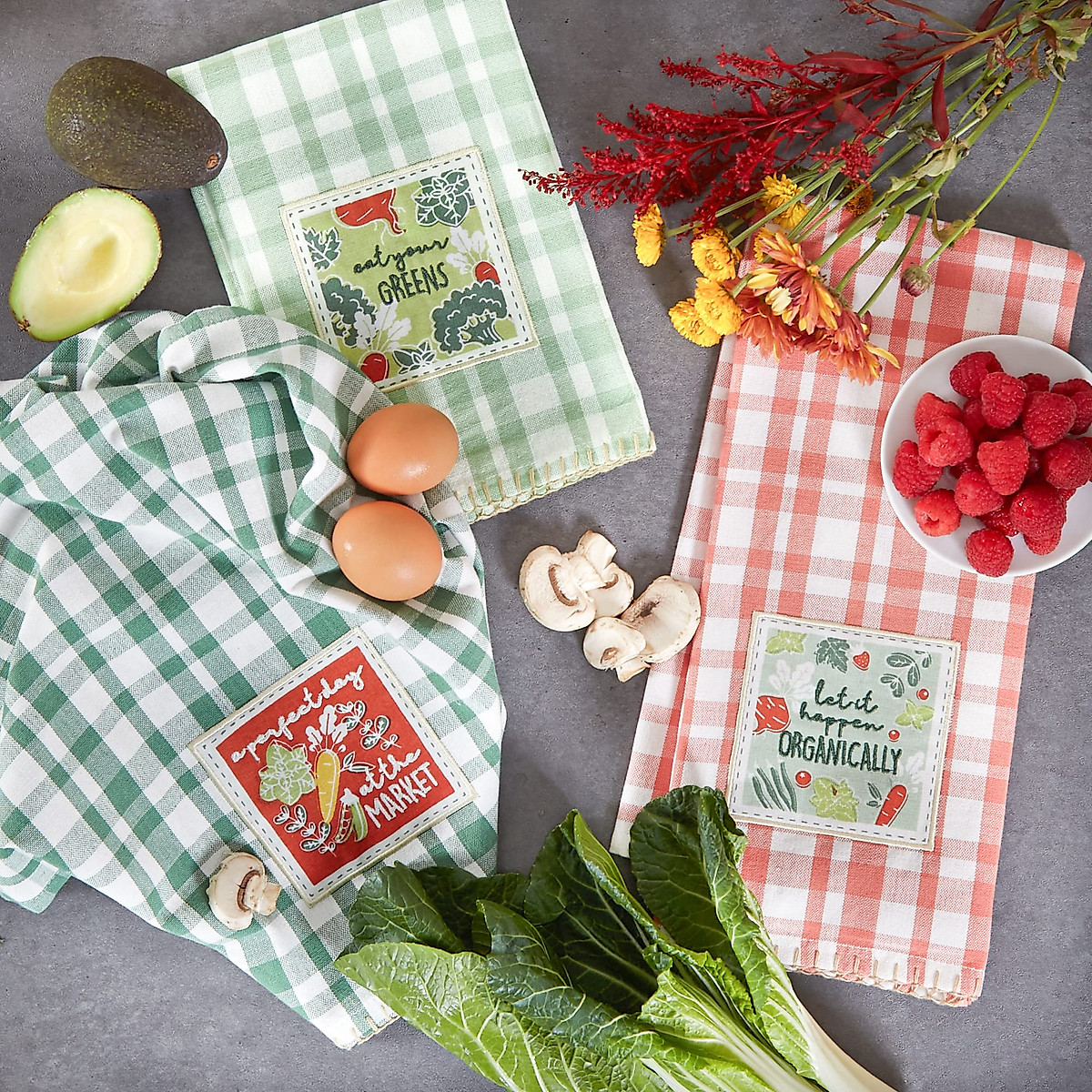DII Farmer's Market Collection Machine Washable, Reusable Kitchen, Dishtowel Set, 18x28 Set, Plaid Patch, 3 Piece