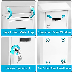 Serenelife Weatherproof Wall Mount Locking Mailbox Galvanized Steel Drop Box with Metal Flap for Mail Letters, Newspaper, Money Box, Decorative Mailboxes for Outside, Home Office, Businesses