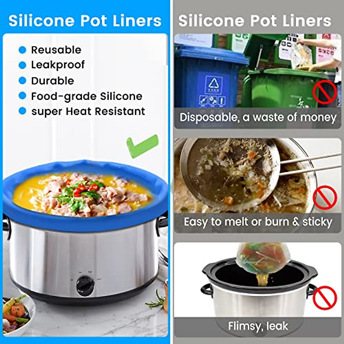 MQFORU Silicone Slow Cooker Liners fit Crockpot 6-8 Quart, 2 Pack Divider Silicone Liners for Crock Pot， BPA Free/Leakproof/Dishwasher Safe, for Most 6-8QT Oval Shape Cooking Liner