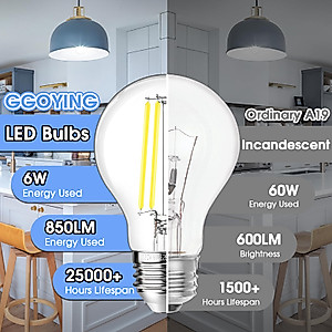 GGOYING 60W Equivalent E26 LED Bulb Dimmable, 850LM LED Edison Bulbs Daylight White 5000K, 6W A19 Filament Light Bulb, Classic Clear Glass, 6-Pack