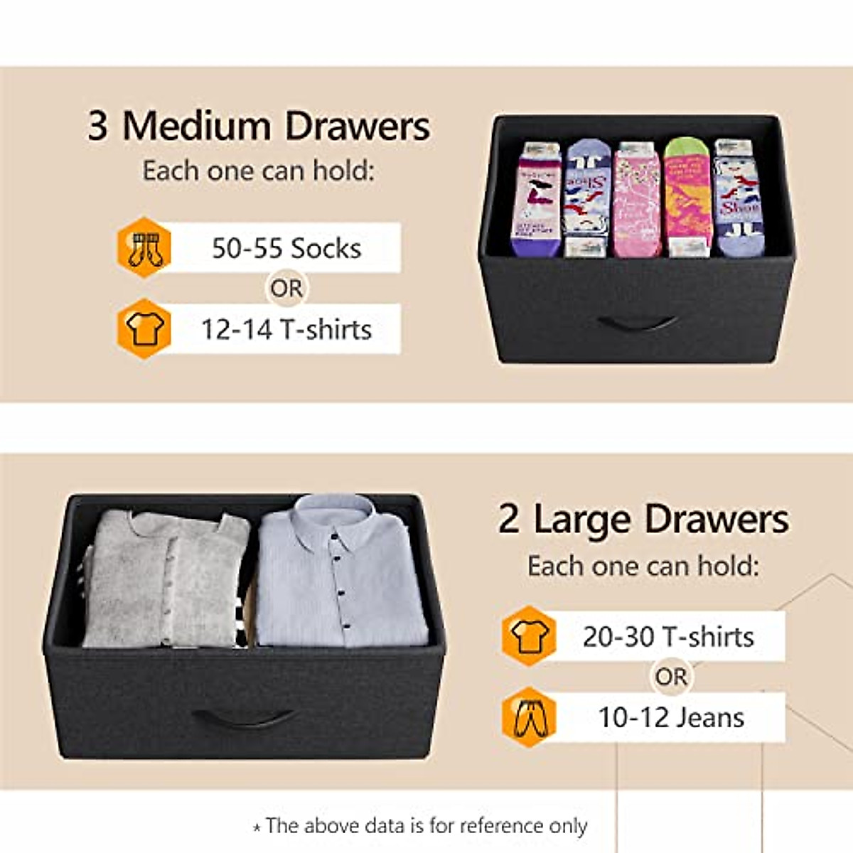 Cubiker Dresser Storage Organizer, 5 Drawer Dresser Tower Unit for Bedroom Hallway Entryway Closets, Small Dresser Clothes Storage with Sturdy Steel Frame Wood Top, Black Grey