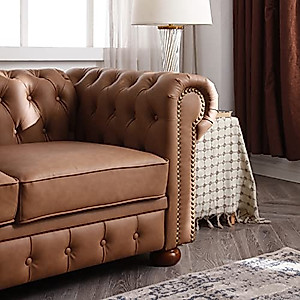 TARTOP Classic Chesterfield Sofa Leather, Modern PU Tufted Couch 3 Seater with Rolled Arms and Nailhead for Living Room, Bedroom, Office, Apartment,Brown