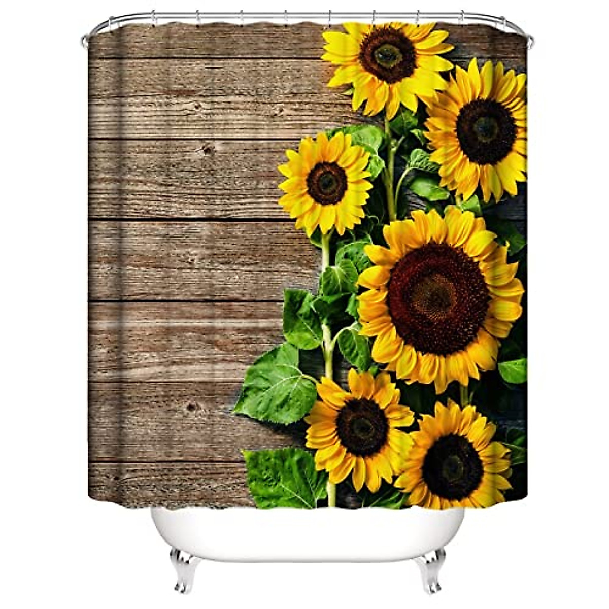 AZHM Wooden Sunflower Shower Curtain Sets with Rugs 4 Piece Bathroom Decor Set with Toilet Lid Cover Bath Mat Shower Curtain for Bathroom with 12 Hooks Waterproof Bathroom Curtains Shower Set
