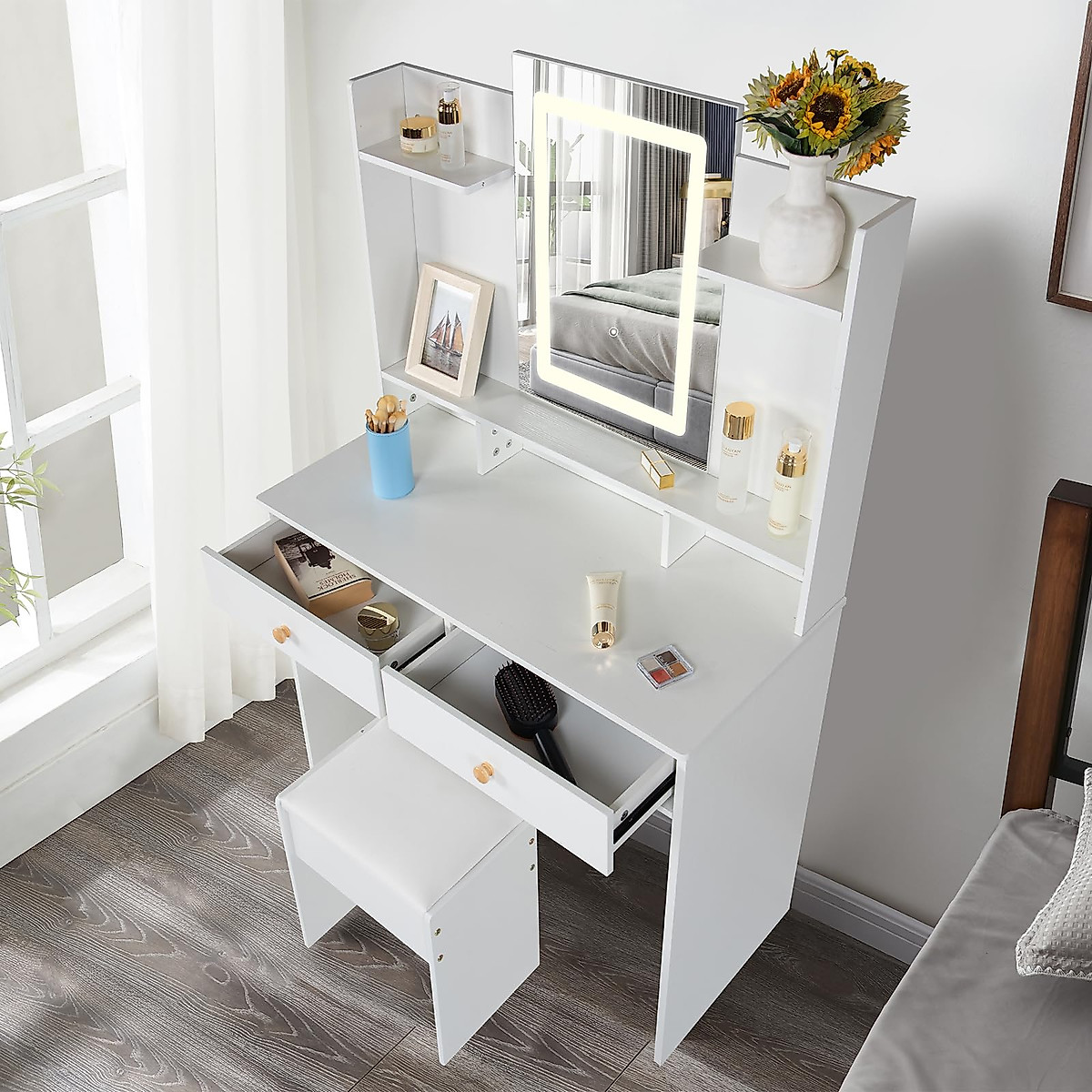 Jarbalai White Makeup Vanity with Mirror and Lights, Large Vanity Set with Cushioned Stool and Drawers, Modern Dressing Table Vanity Desk for Bedroom