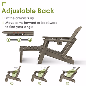 GREENVINES Folding Adjustable Backrest Adirondack Chairs with Ottoman | Set of 2 | Wood Grain | HDPE All-Weather Reclining Firepit Chair | Cup Holders & Footrest | Grey
