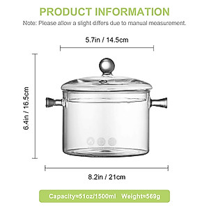 Glass Saucepan with Cover- 1.5 Liter/50oz Handmade Glass Pot with handle, Heat Resistant Cooking Pot/Pan Cookware for Soup, Pasta,& Baby Food