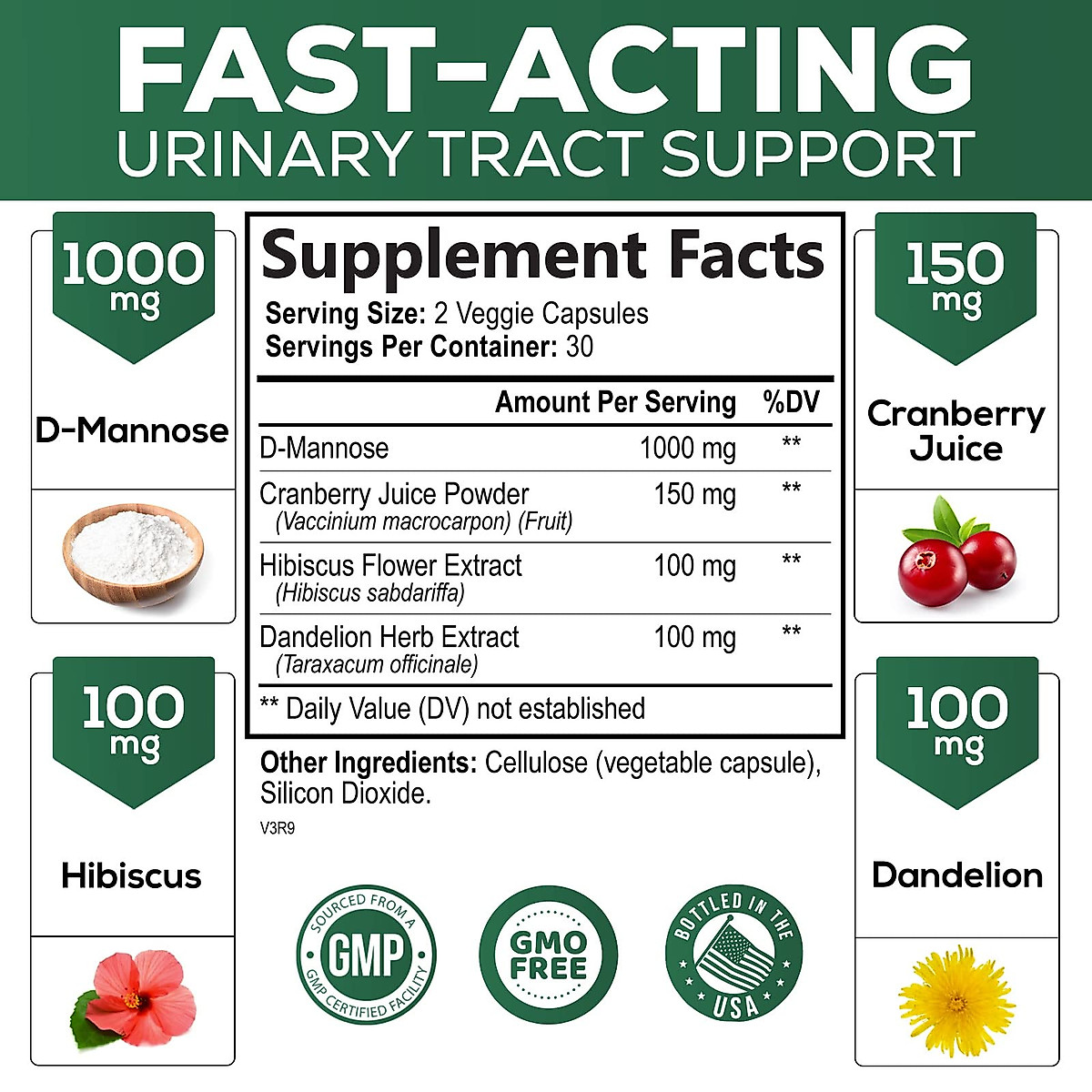 D-Mannose & Cranberry Extract 1350mg Advanced Formula, Fast-Acting Natural Urinary Tract Health Support for Women & Men, Flush Impurities in Urinary Tract & Bladder, Non-GMO, Vegan - 60 Capsules