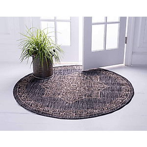 Unique Loom Outdoor Traditional Collection Area Rug - Antique (4' 1" Round, Charcoal Gray/ Natural)