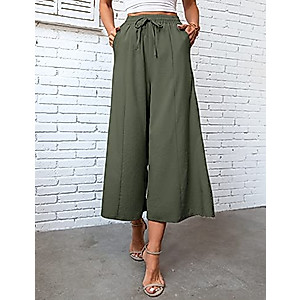 KTILG Linen Pants for Women Casual Loose Fit Palazzo High-Waisted Wide-Leg Culottes Trousers Pants with Pockets Army Green