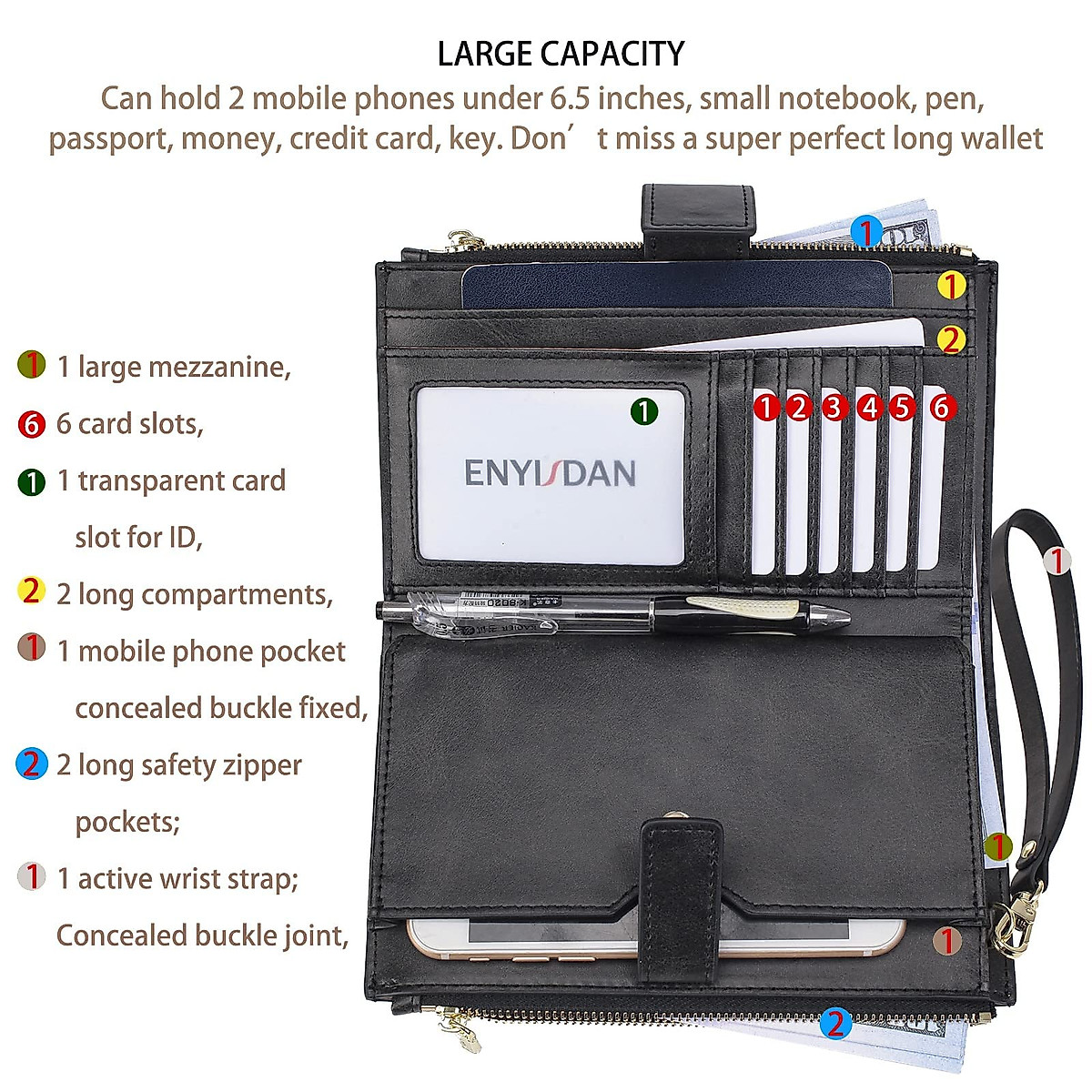 ENYISDAN Women Wristlet Clutch Wallet Long RFID Blocking Leather Wallet Multi Card Zipper Wallet with Credit Card Case Zipper Pocket Holder (black background/gray and white letters)