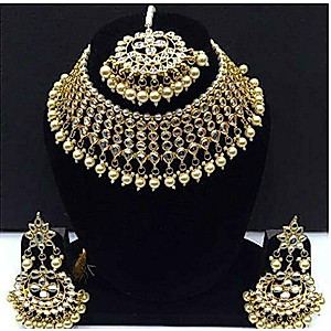 Aheli Ethnic Wedding Wear Faux Kundan Beaded Necklace (White) with Maang Tikka Set Indian Fashion Jewelry for Women