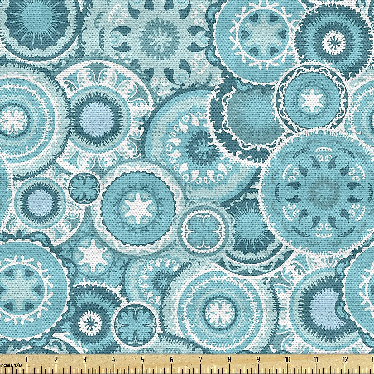 Ambesonne Aqua Fabric by The Yard, Hippie Floral Leaves Mandala Rounds Traditional Elements Print, Decorative Fabric for Upholstery and Home Accents, 1 Yard, Turquoise White