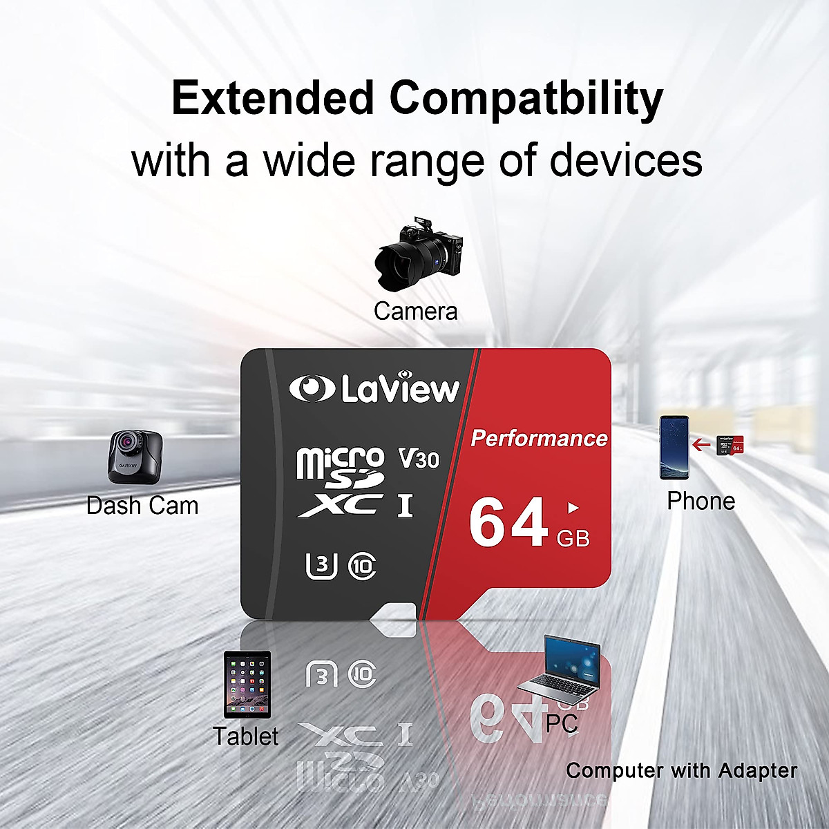 LaView 64GB Micro SD Card, Micro SDXC UHS-I Memory Card – 95MB/s,633X,U3,C10, Full HD Video V30, A1, FAT32, High Speed Flash TF Card P500 for Computer with Adapter/Phone/Tablet/PC