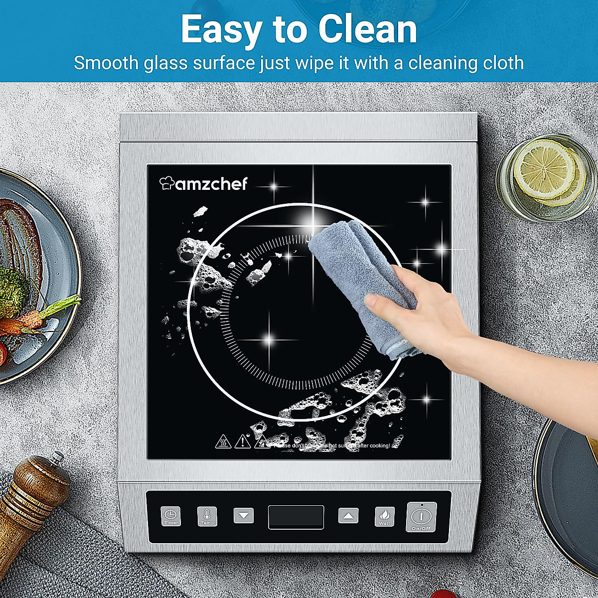 AMZCHEF Induction Cooktop Commercial, Professional Portable Induction Burner, 1800W Countertop Stove Burner with ETL-Certified Induction Hot Plate 3 Hours Timer,8 Temperature & Power Levels,LCD Screen