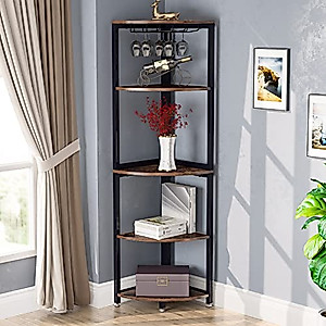 Tribesigns Corner Shelf with Glass Holder, 5 Tier Corner Bookshelf Small Bookcase Wine Bar Cabinet with Storage Display Rack for Living Room, Kitchen, Dining Room, Rustic Brown