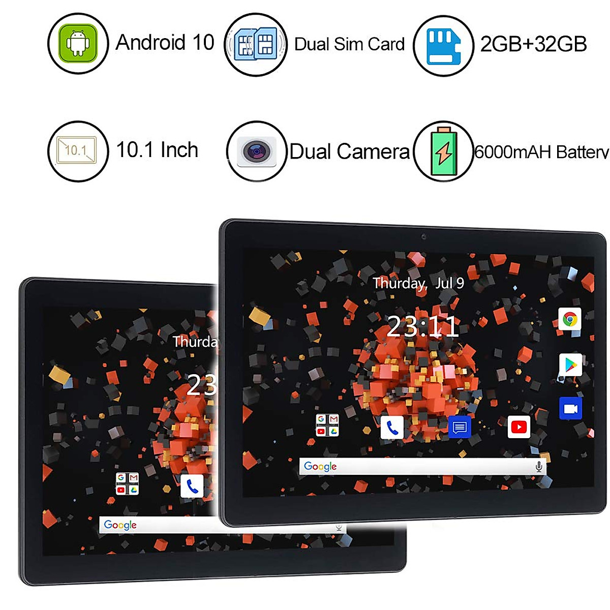 ZONKO Tablet 10 Inch, Android 10 Tablet, Dual Camera Tablet PC, 2GB+32GB Storage, IPS HD Touchscreen, Quad Core, WiFi, Bluetooth Black