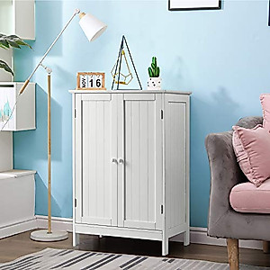 Tangkula Bathroom Floor Cabinet, Freestanding Storage Cabinet with Double Doors and Shelf, Modern Home Furniture, Wooden Home Organizer for Living Room, Bathroom Storage Cabinet, White