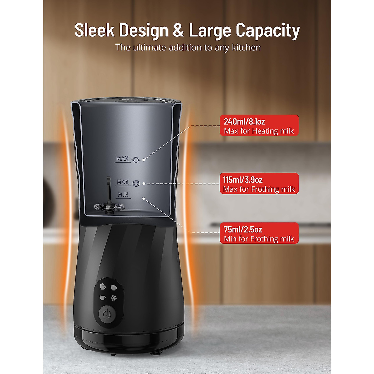 Milk Frother, Symdral 4-in-1 Milk Frother and Steamer, Automatic Hot and Cold Foam Maker & Milk Heater, with Auto Shut-Off, Silent Operation, Frother for Coffee, Latte, Cappuccino, Macchiato (Black)