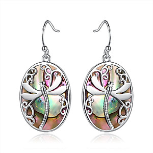 Barzel 18K White Gold Plated Abalone Dragonfly Dangling Earrings for Women - Made in Brazil
