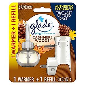 Glade PlugIns Refills Air Freshener Starter Kit, Scented Oil for Home and Bathroom, Cashmere Woods, 0.67 Fl Oz, 1 Warmer + 1 Refill