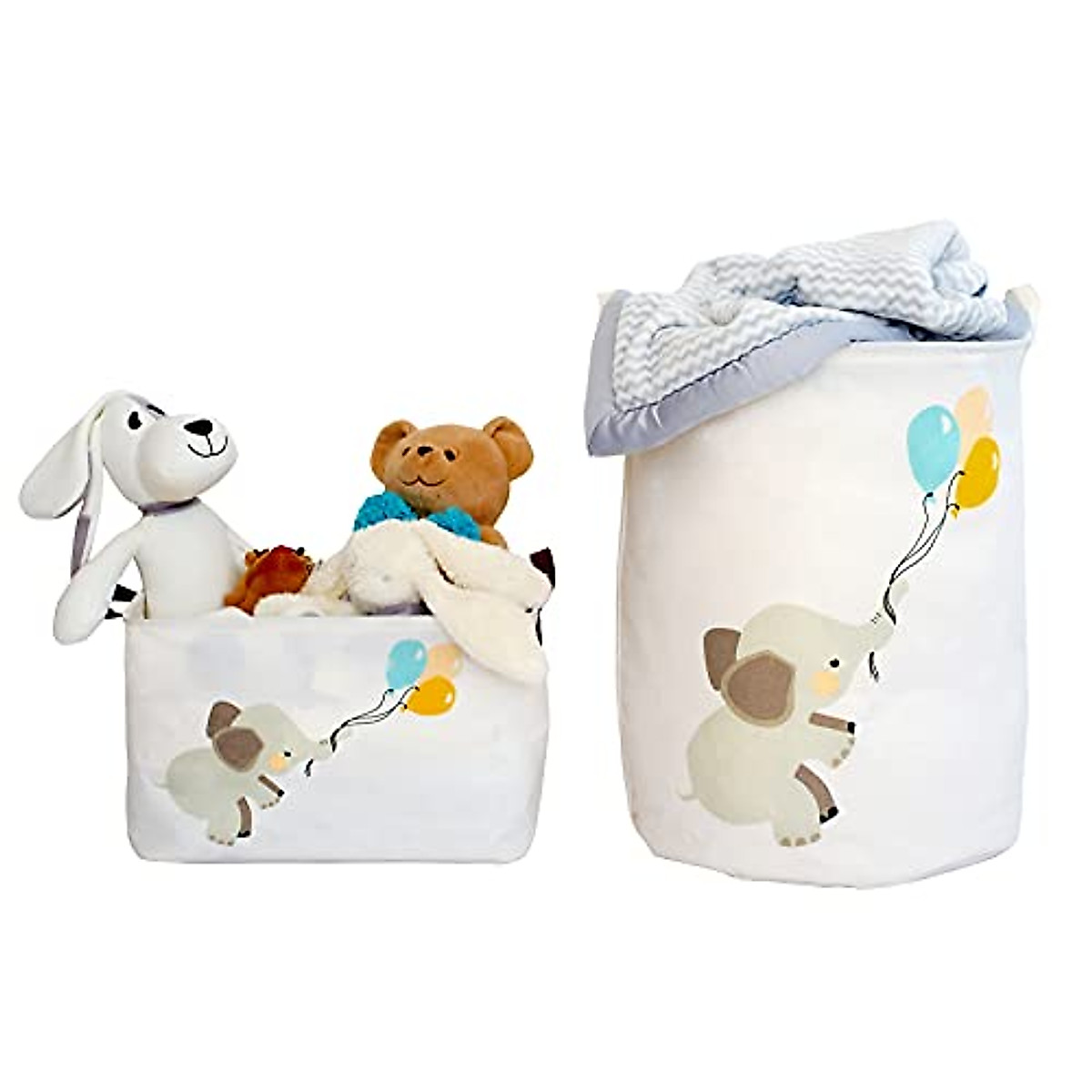 KAZULO Elephant 2 Pack Set Kids Laundry Basket, Toy Box, Storage For Nursery, for Boys and Girls, Baby Laundry Hamper for Bedroom, and Bathroom Decor (Elephant and Balloons Bundle)