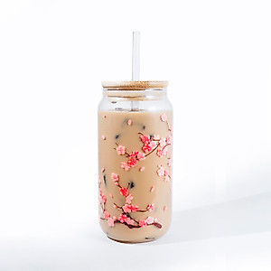 Aesthetic Cherry Blossom Glass Cup with Lid and Straw - Cute Coffee, Latte, Matcha Tumbler 16 oz - Floral Iced Coffee Cup - Preppy Birthday Gift for Women, Best Friends, Mom, Bridesmaid, Coffee Lover