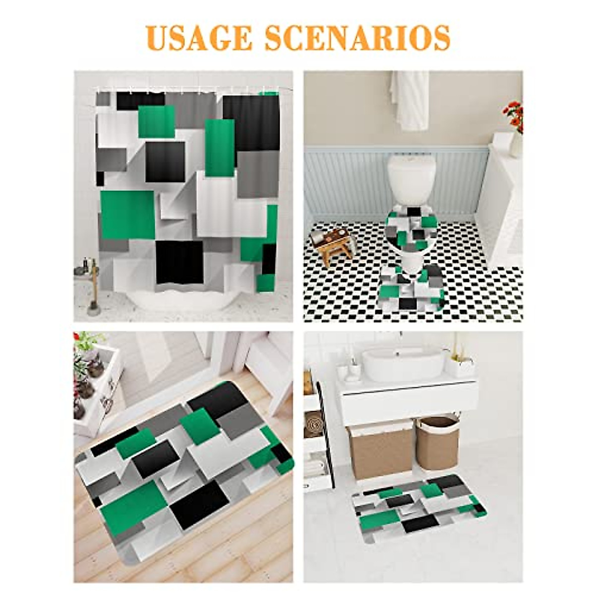4 Pcs Shower Curtain Set with 12 Hooks Geometric 3D Abstract Green Black Gray Square Pattern Bathroom Sets with Non-Slip Bath Mat Toilet Lid Cover Waterproof Durable Shower Curtain and Rugs