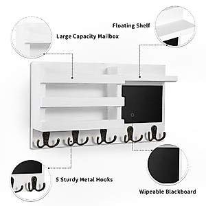 HRONRAD Key and Mail Holder for Wall, Farmhouse Wall Mounted Key Hooks with Floating Shelf,Wooden Hanging Key Organizer Storage, 5 Double Hooks and Blackboard for Entryway (White)