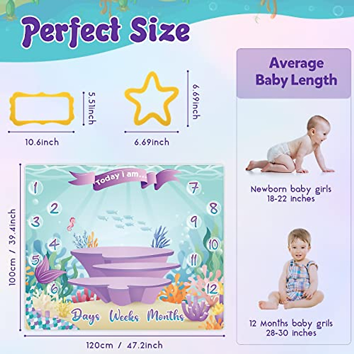 6 Pcs Mermaid Baby Monthly Milestone Blanket Daily Weekly Monthly Fleece with 2 Frames for Newborn Baby Shower, 47 x 39 Inches and Mermaid Outfit Baby Photo Props Headband Bra Tail, Aquamarine