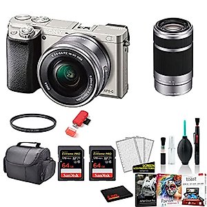 Sony Alpha a6000 Mirrorless Digital Camera with 16-50mm + 55-210mm Lenses with 2X 64GB Memory Card -International Model