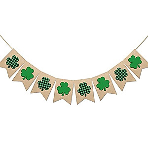 Whaline St. Patrick's Day Banner Green Plaid Shamrock Burlap Banner Pre-Assembled Plaid Shamrock Bunting Garland Sign for Irish Holiday Party Supplies Home Decoration