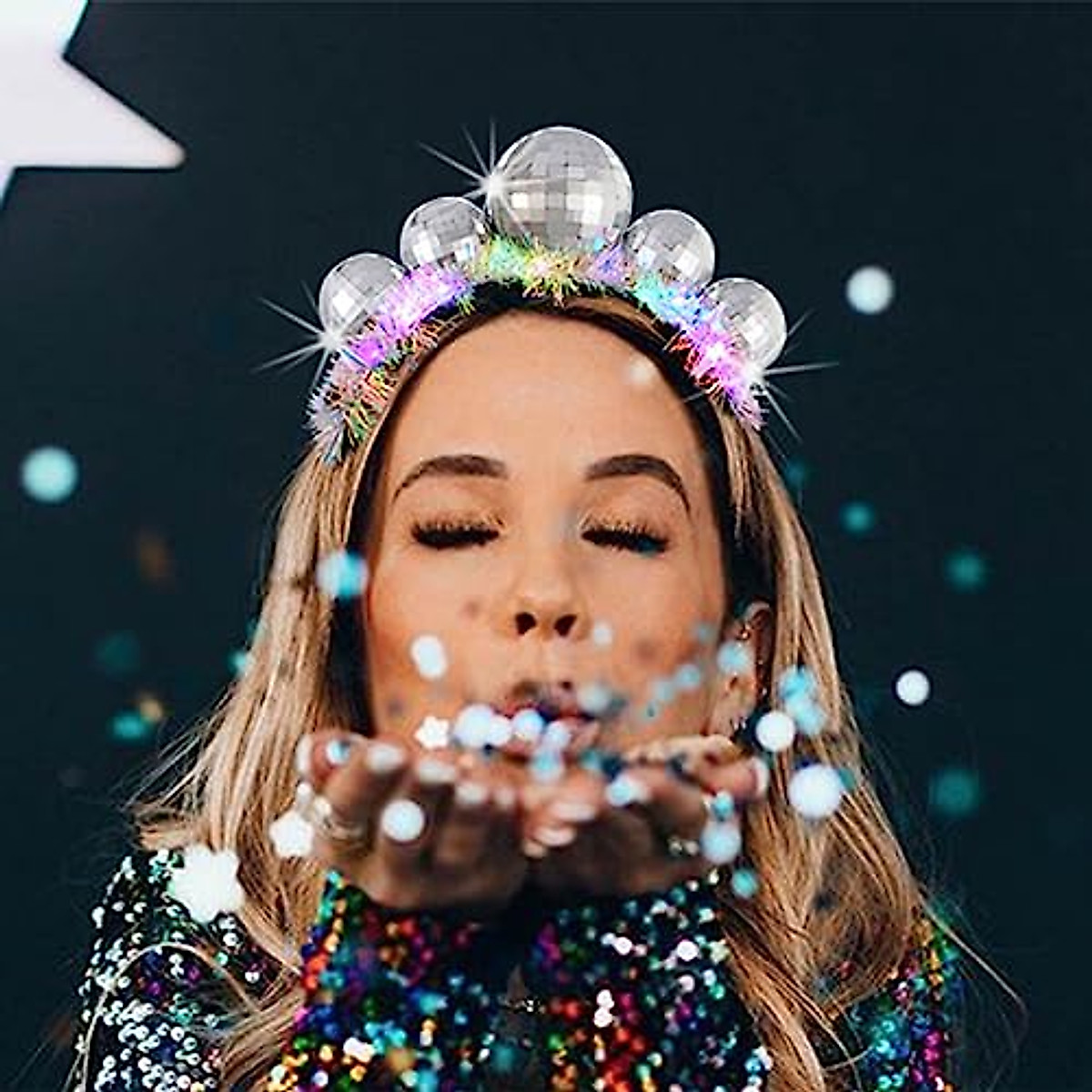 Catery Disco Ball Headband Light Up Headband Disco Headpiece Silver Mirror Ball Head Bopper Hair Hoop Headband Disco Party Costume 1970s Disco Hair Accessories for Women and Girls