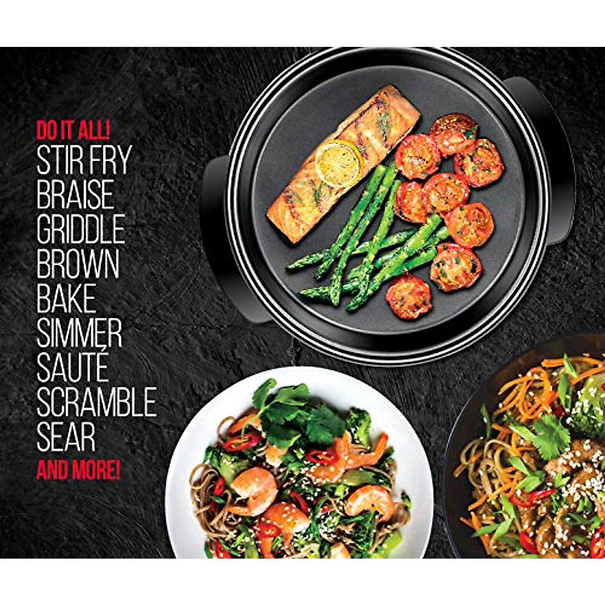 Chefman Electric Skillet - 12 Inch Round Frying Pan with Non Stick Coating, Temperature Control, Tempered Glass Lid, Cool-Touch Handles and Knob, Black