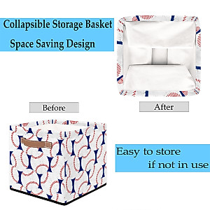 KOBLEN Sports Baseball Ball Square Storage Basket Collapsible Storage Box Clothes Basket 13x13 Inch Large Cube Storage Bin With PU Leather Handle for Home Office Closet Shelves