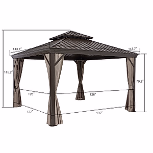 LUCKYBERRY 12' X 12' Outdoor Hardtop Galvanized Steel Roof Double Top Permanent Gazebo Canopy Curtains Aluminum Frame Patio Garden Gazebo with Netting