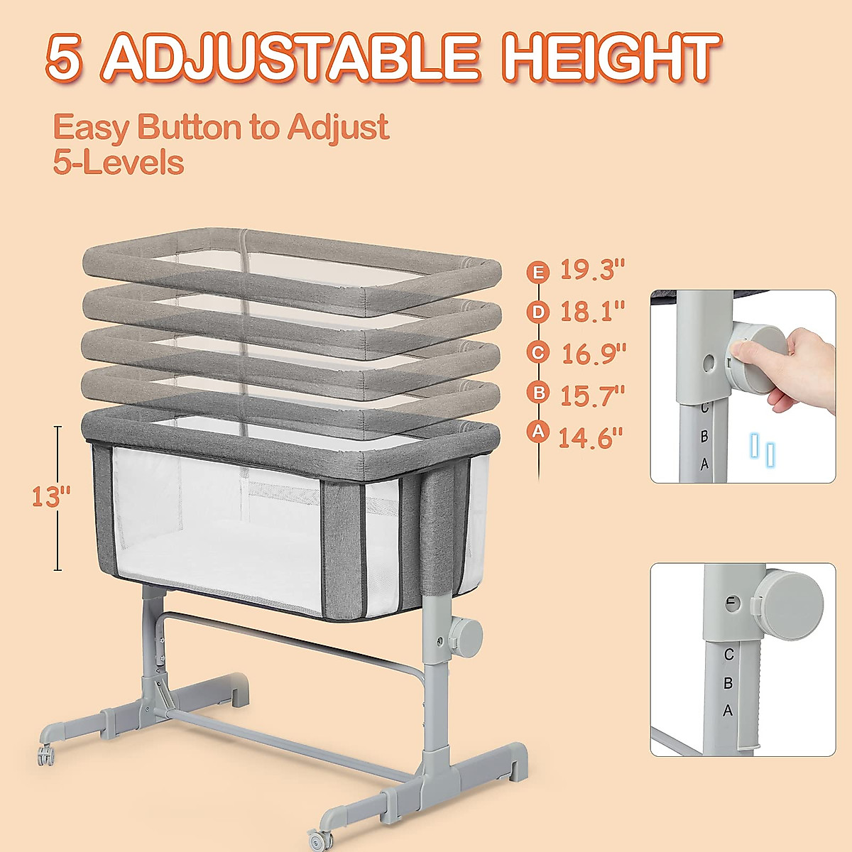 Babevy Baby Bassinet Bedside Sleeper Bedside Crib, Crib Adjustable Height Portable Bassinet with Wheels and Music Box for Newborn Baby, Mattress and Travel Bag Included, Linen-Grey