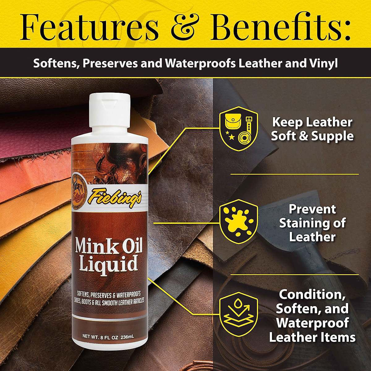 Fiebing's Mink Oil Liquid, 8 Oz. - Soften, Preserves and Waterproofs Leather