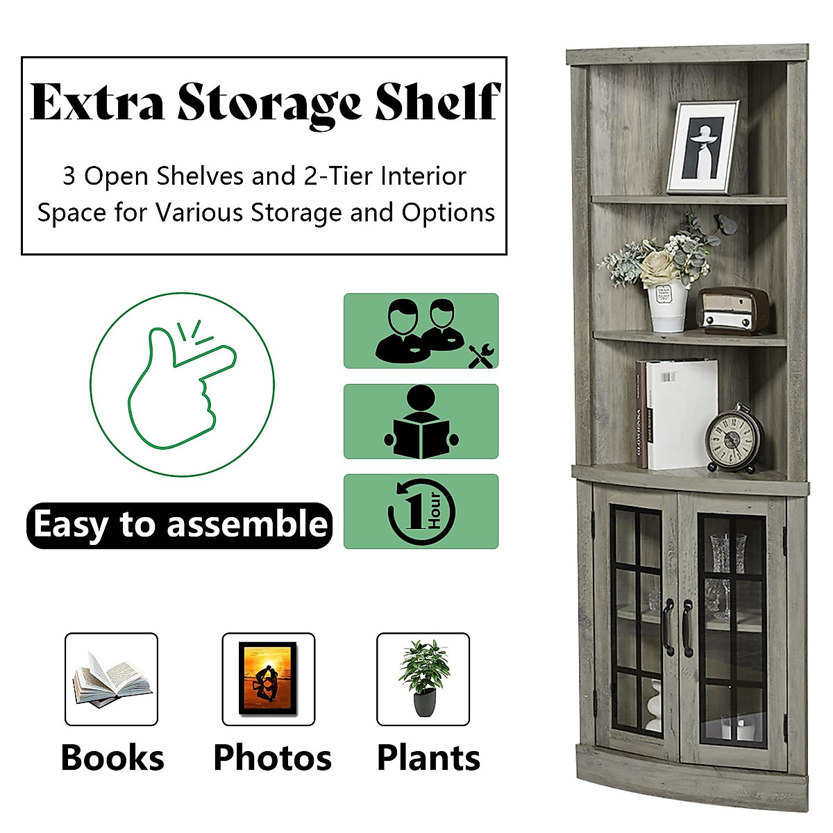 AMERLIFE Curved Corner Storage Cabinet, 65" Tall Freestanding Bookcase with Glass Doors & Adjustable Shelves, 5-Tier Corner Display Cabinet for Living Room, Bathroom, Laundry Room, Washed grey